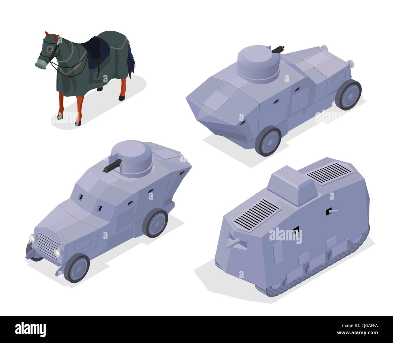 First world war military vehicles equipment including armored tanks isometric vector ...