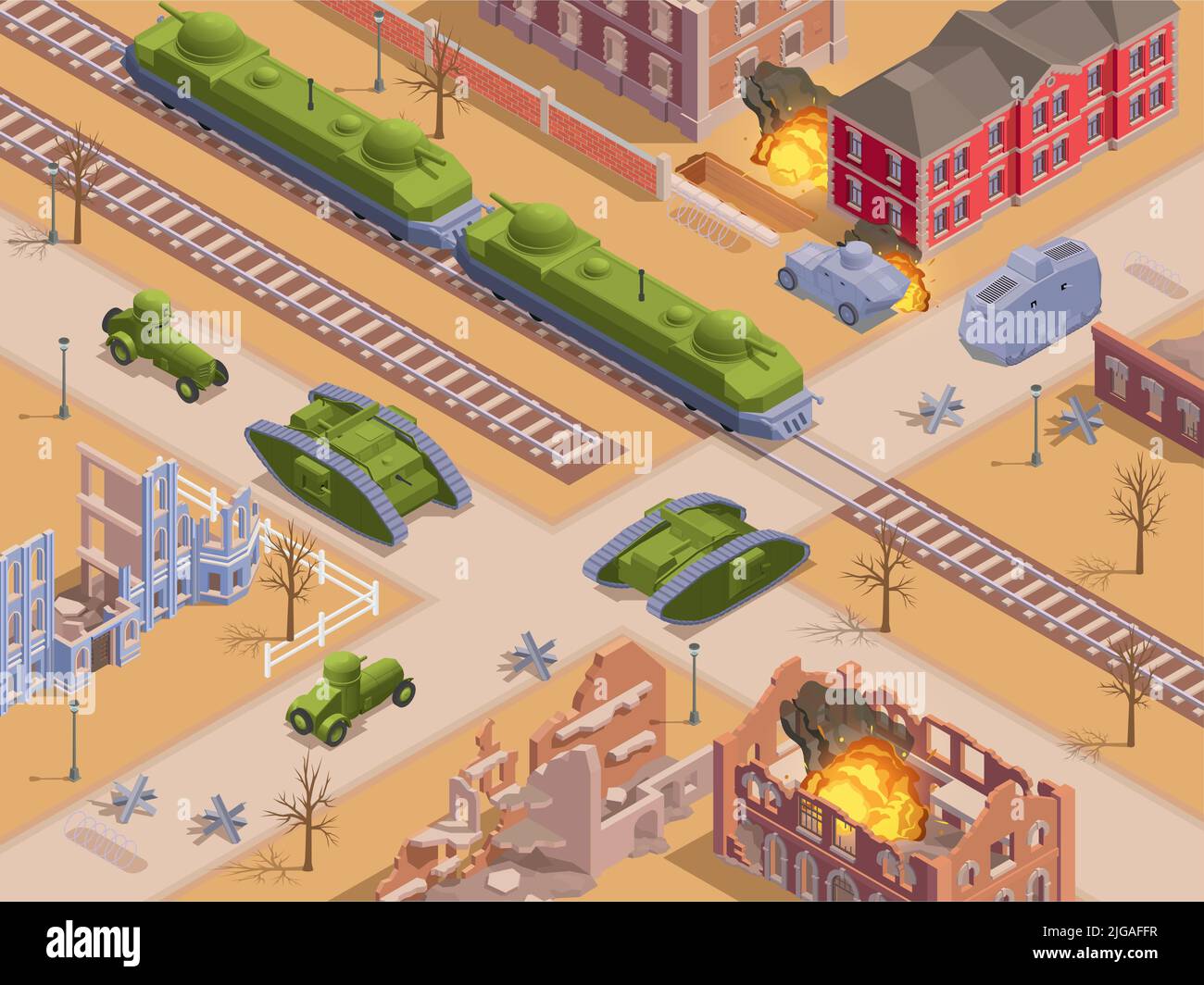 First world war military vehicles in ruined city isometric vector ...