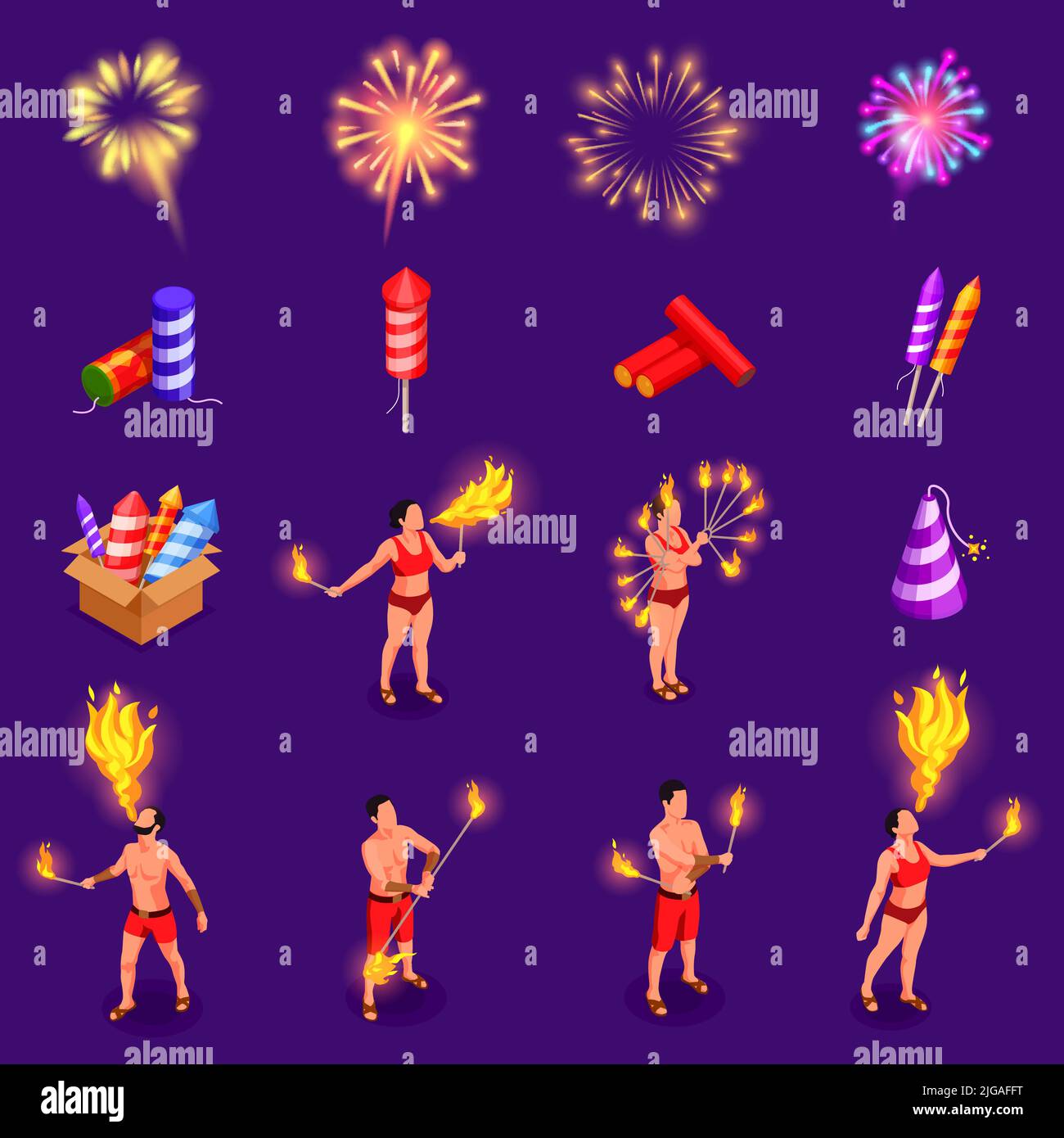 Fireworks pyrotechnics and fire show performers isometric icons set ...