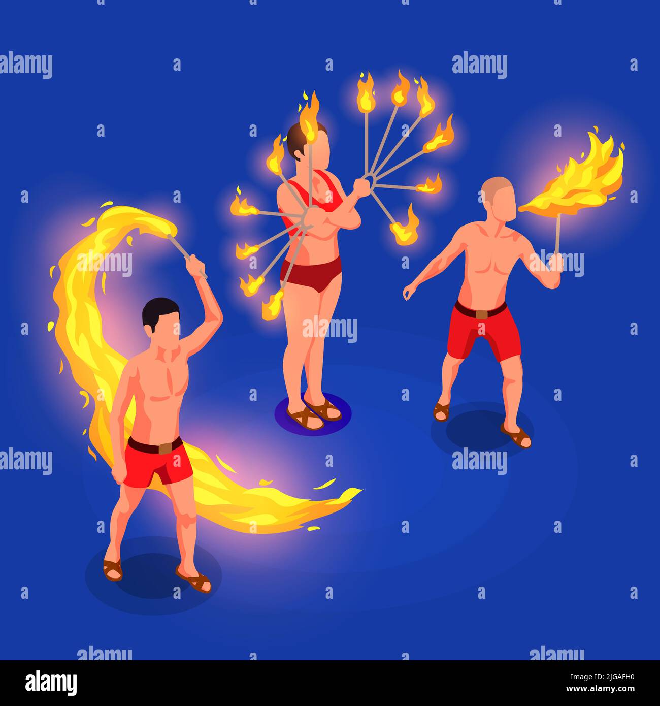 Isometric fire show male and female performers isometric vector ...