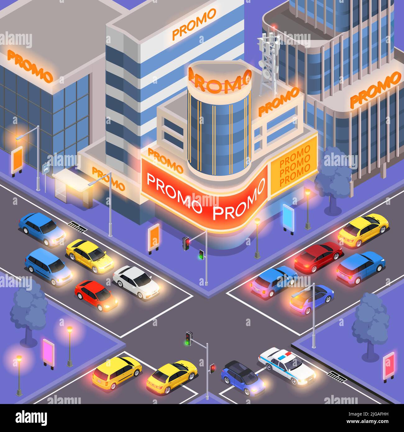 Noise and light pollution composition with city street traffic and ad ...