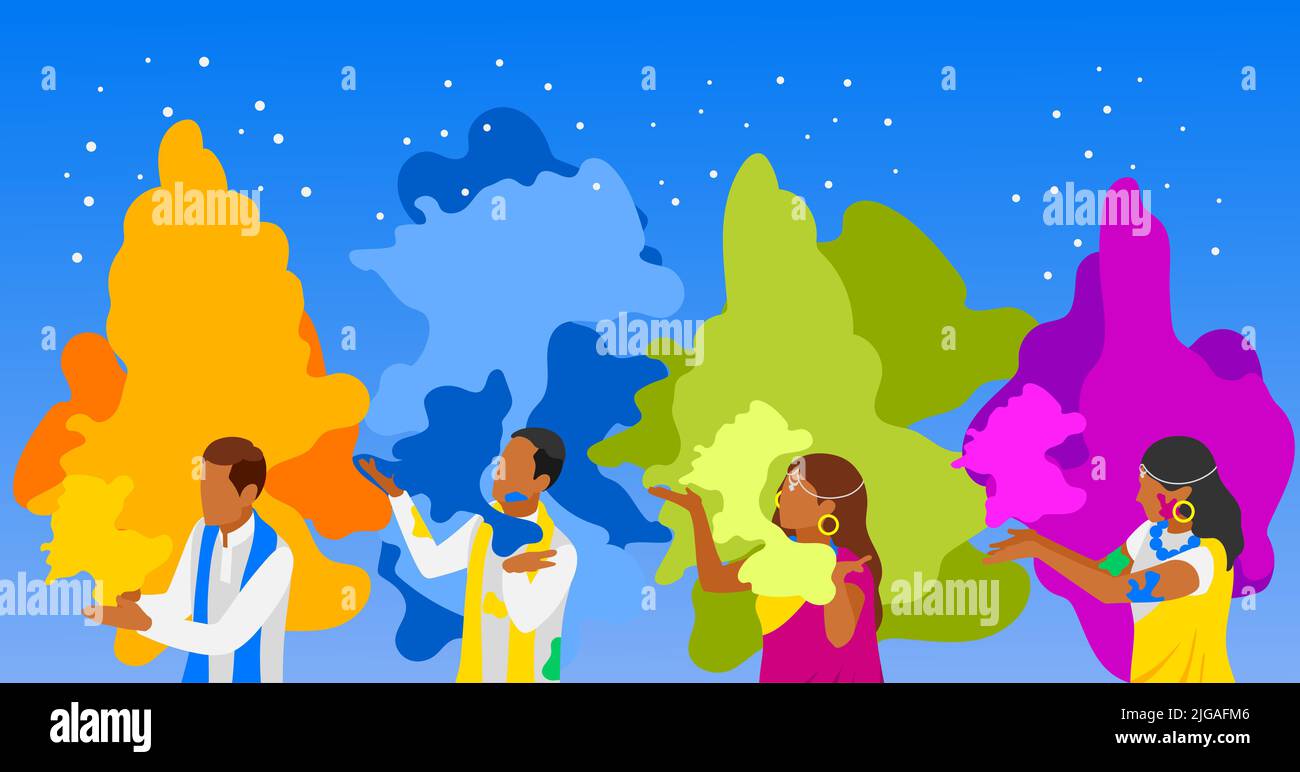Holi isometric colorful background with indian people in national ...
