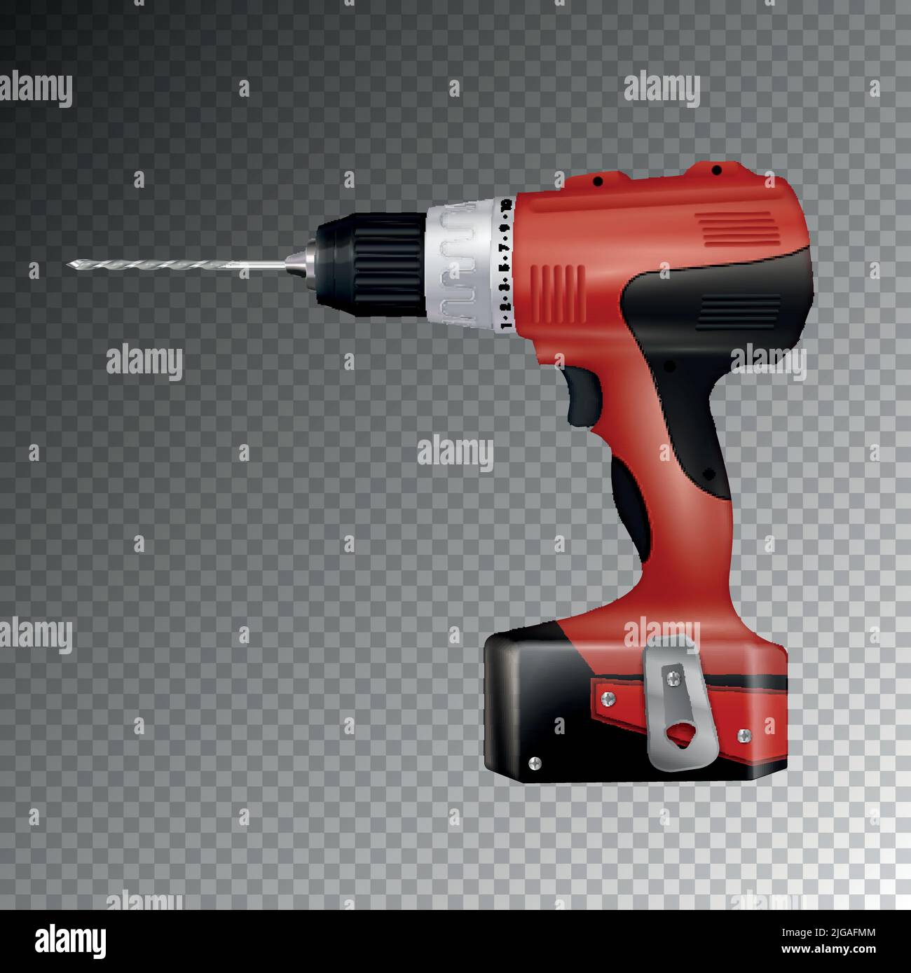 Drilling machine realistic composition with isolated image of red and ...