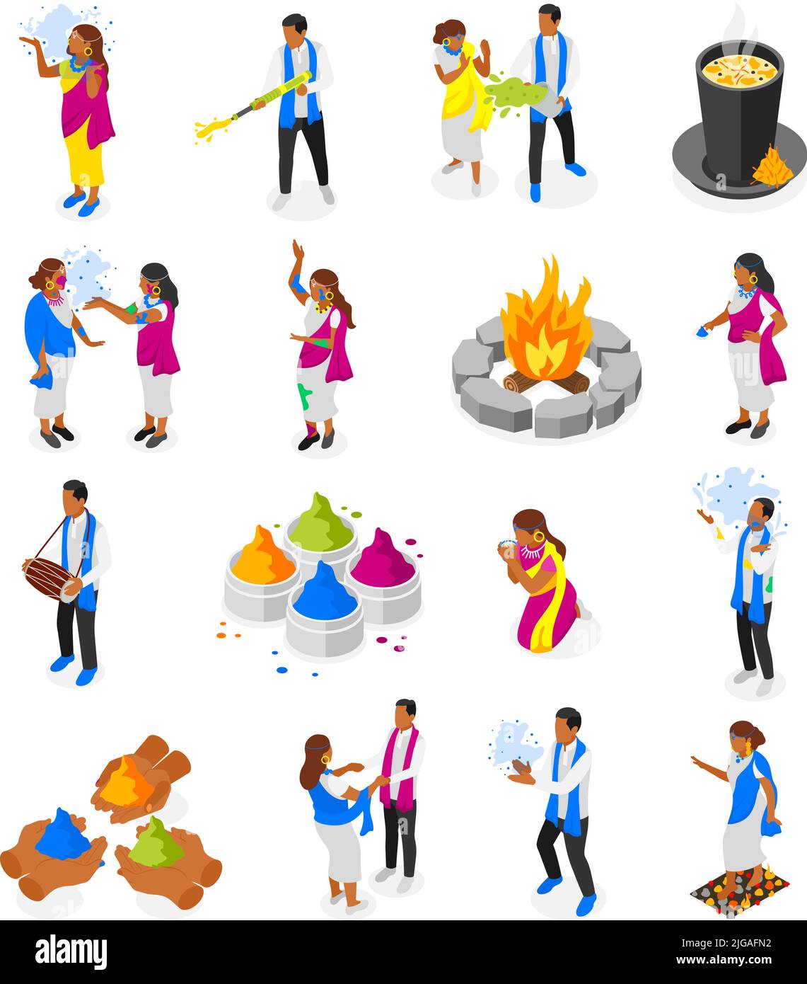 Holi isometric color icons set of indian people celebrating national ...