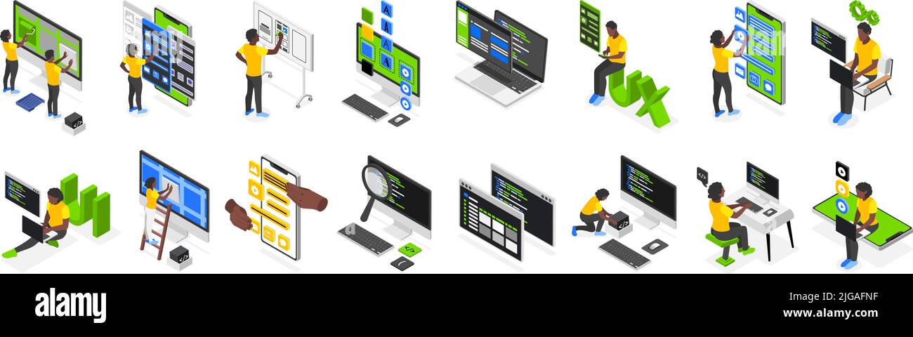 UI and UX development isometric set of designers creating custom design ...