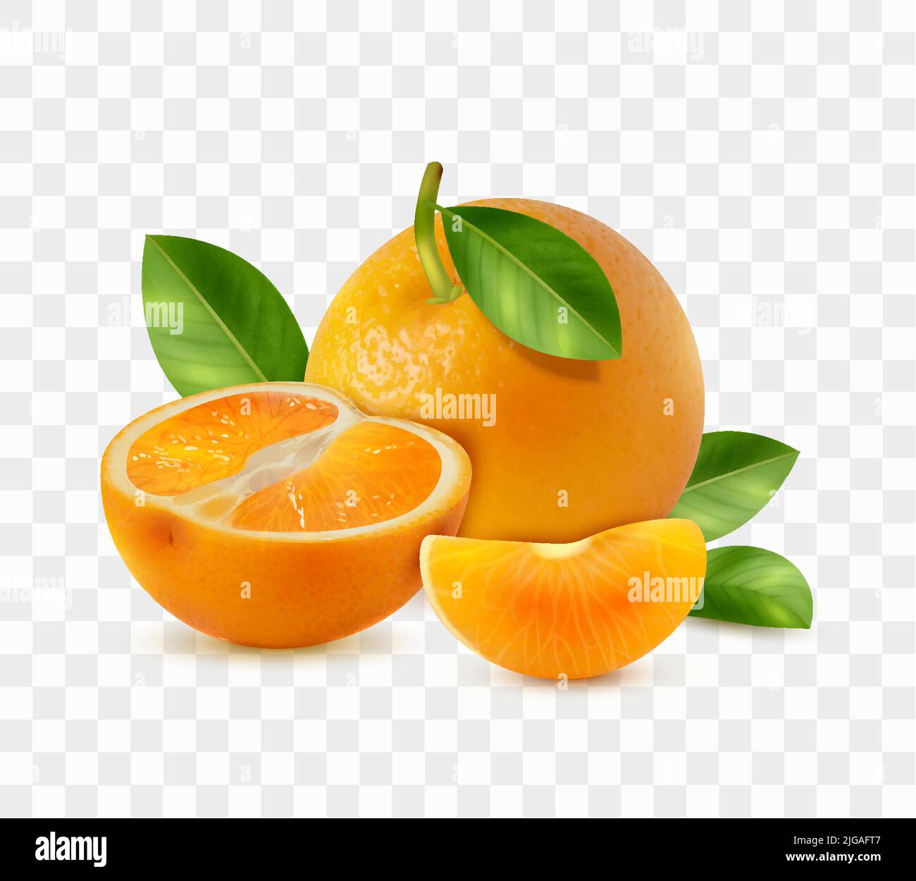 Realistic orange composition with transparent background and images of ...