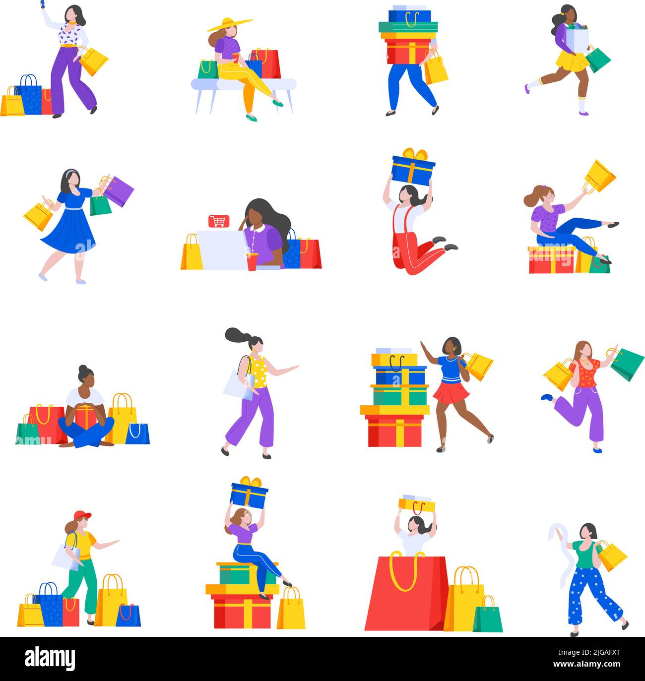 Shopping girls flat icons collection with isolated human characters of ...