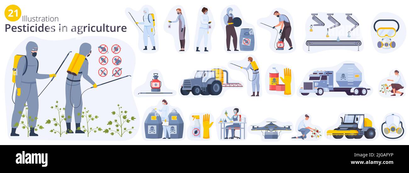 Pesticide farm set of flat isolated compositions with icons of chemical ...