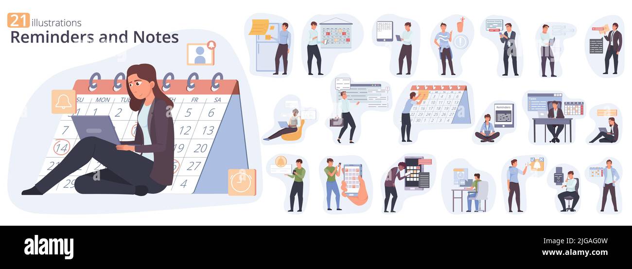 Reminder people composition with isolated icons of organizer items and ...