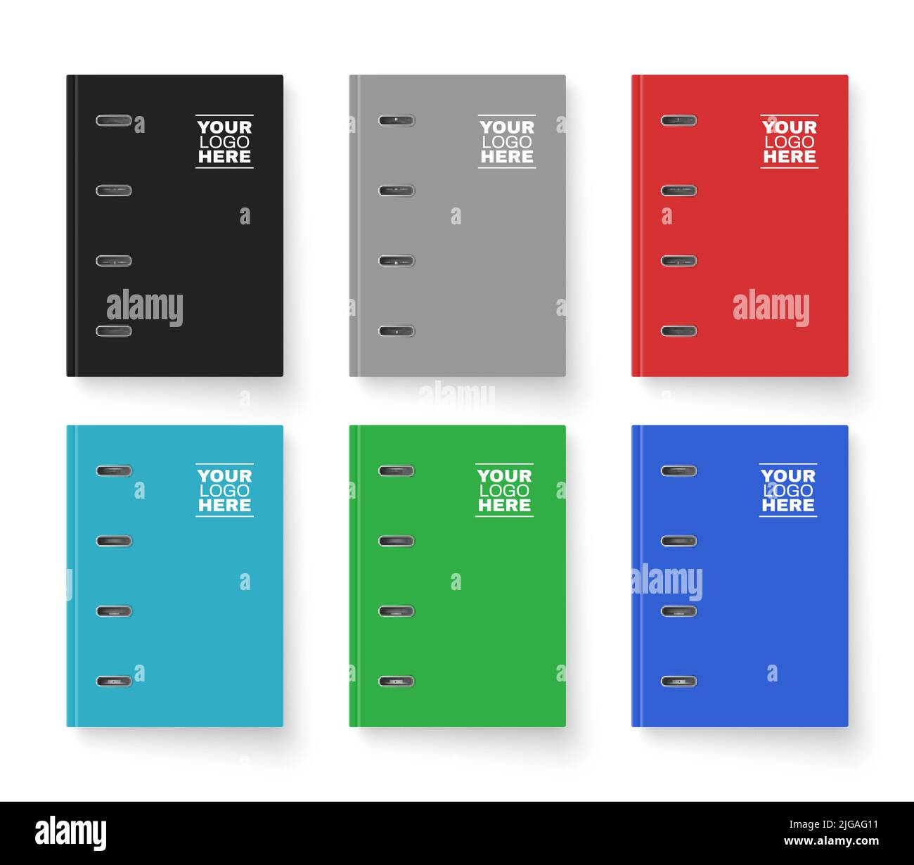 Top view of six colored realistic A4 office binders with metal rings ...