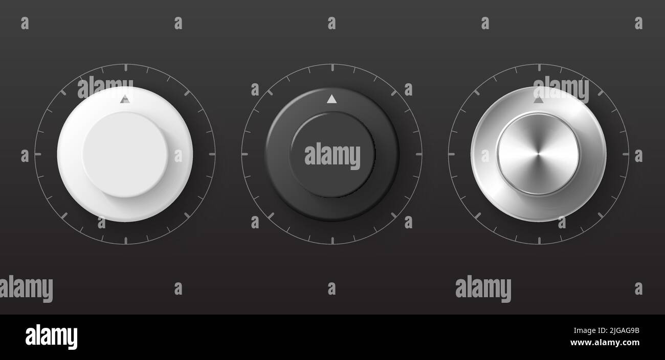 Realistic set with three round adjustment dials regulator knobs of different color isolated on ...
