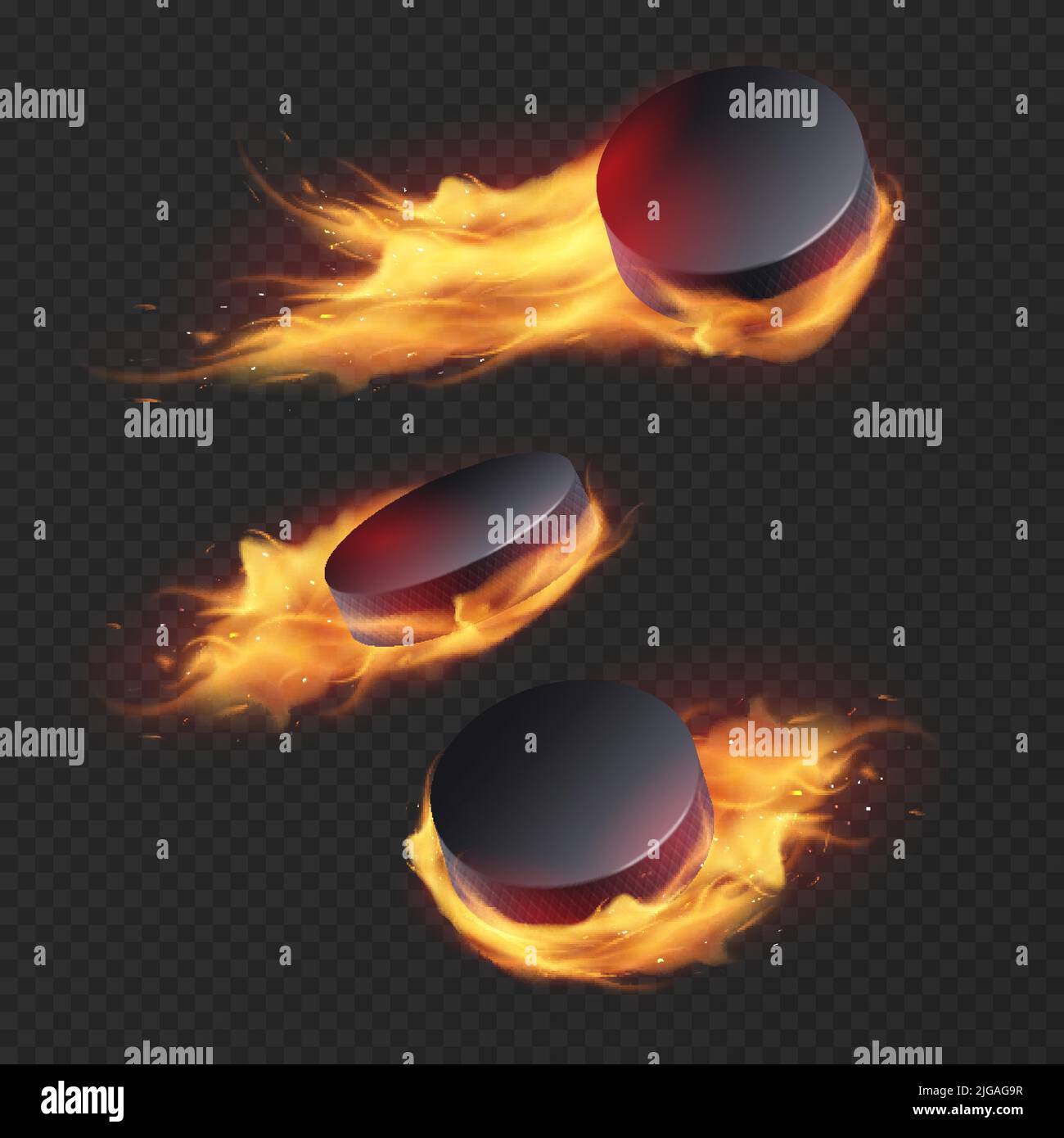 Set of three realistic black hockey pucks in fire isolated on ...