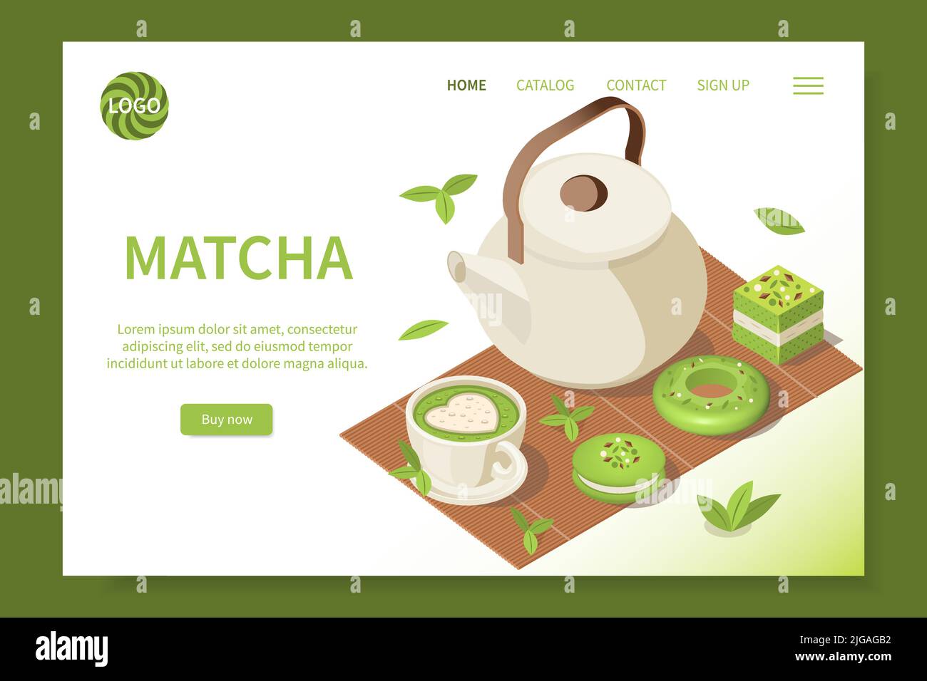 Matcha isometric web site landing page with view of tea set with ...