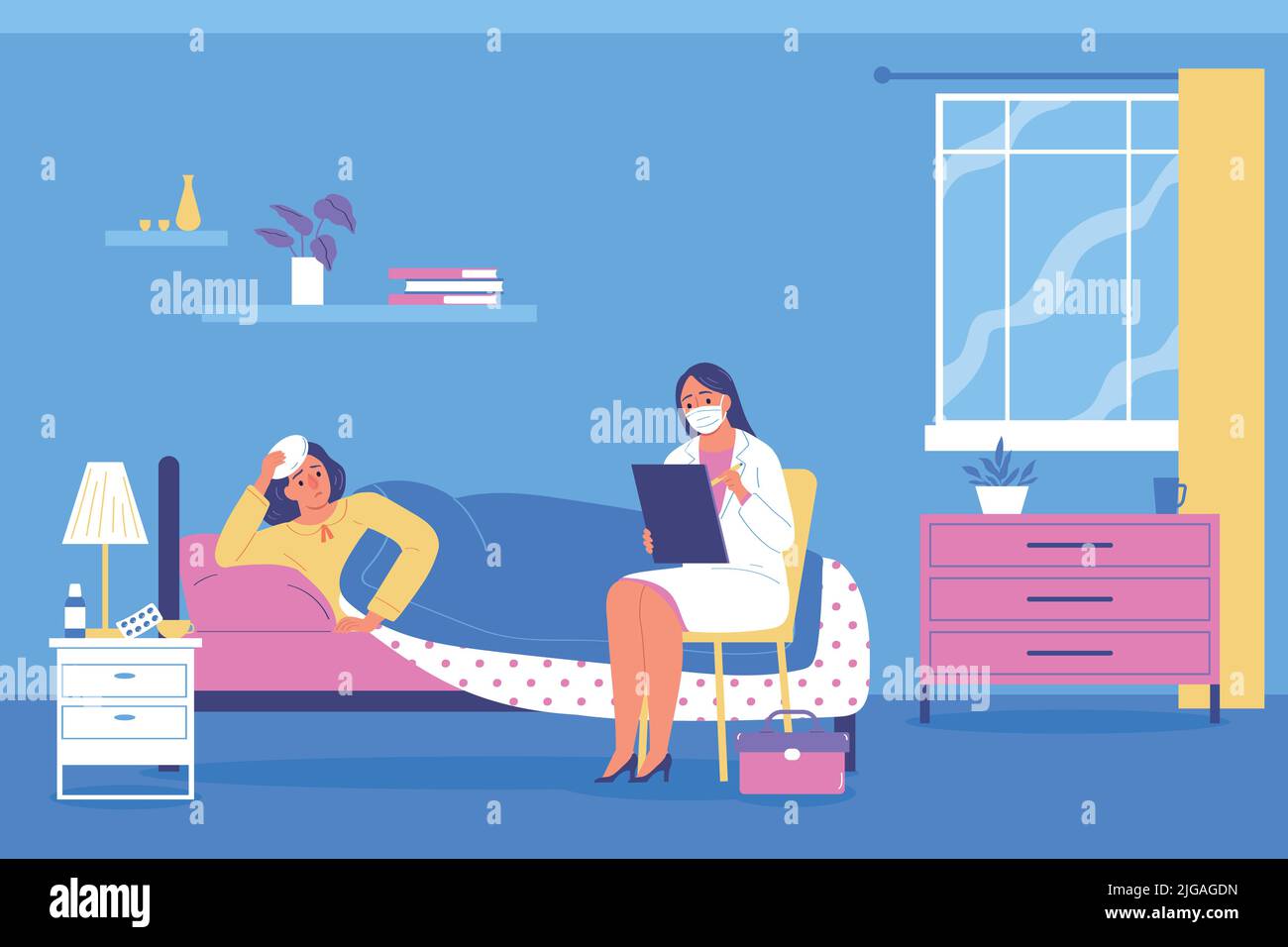 Virus influenza colored composition with doctor visiting sick patient ...