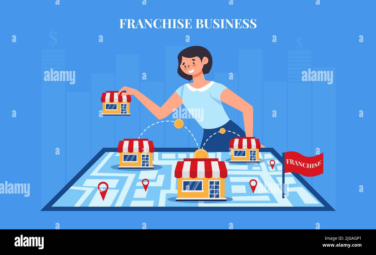 Franchise business map composition with female character moving shops ...