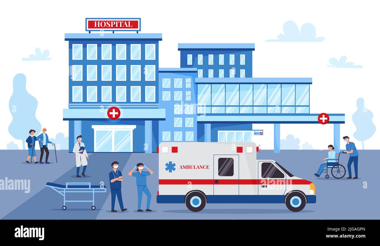 Hospital outside composition with outdoor view of clinic building with ...