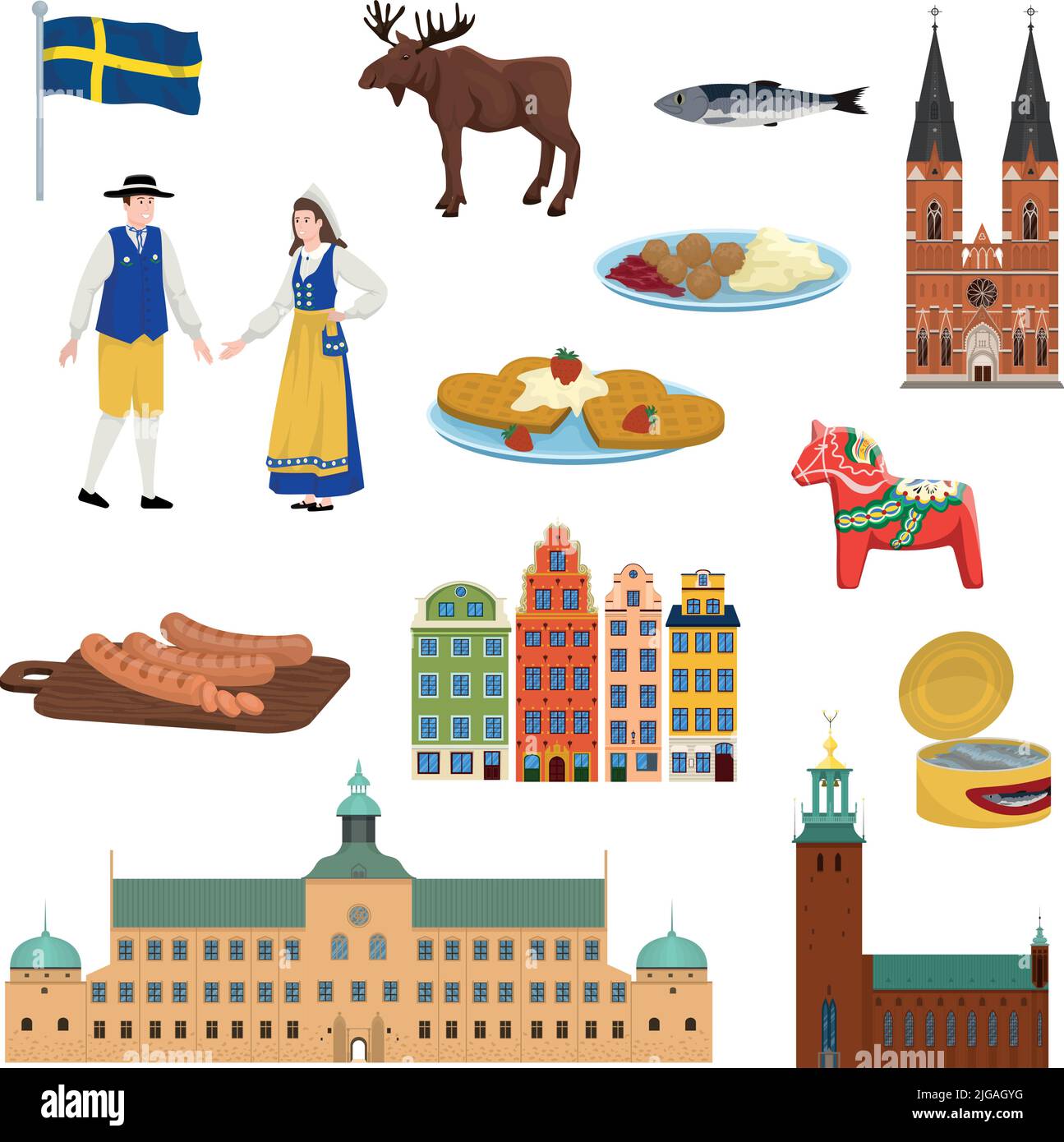 Sweden touristic set with culture symbols flat isolated vector ...