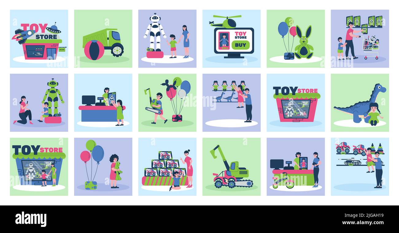 Toy store set with flat square shaped compositions of happy children ...