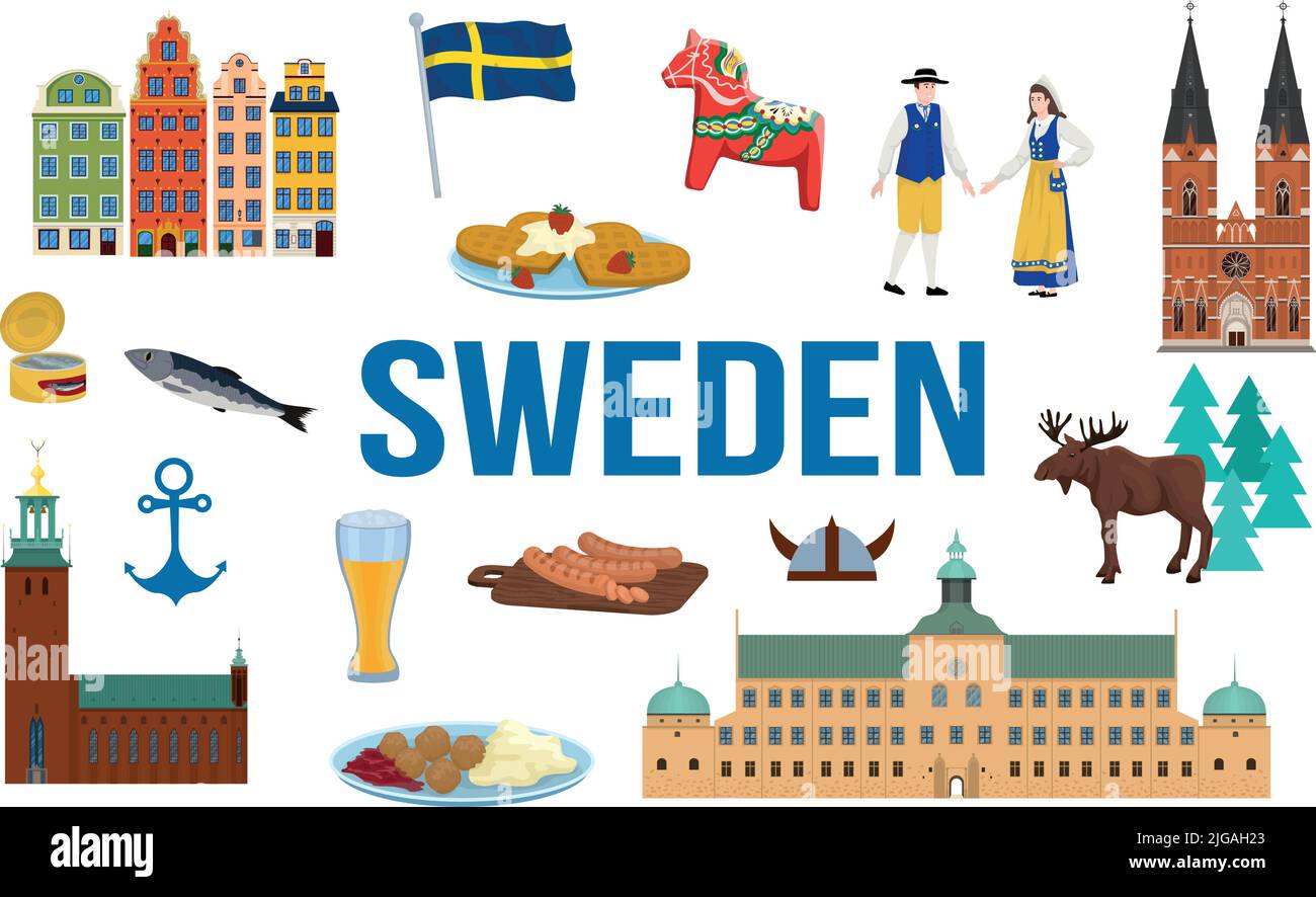 Sweden touristic travel set with culture and food symbols flat isolated ...