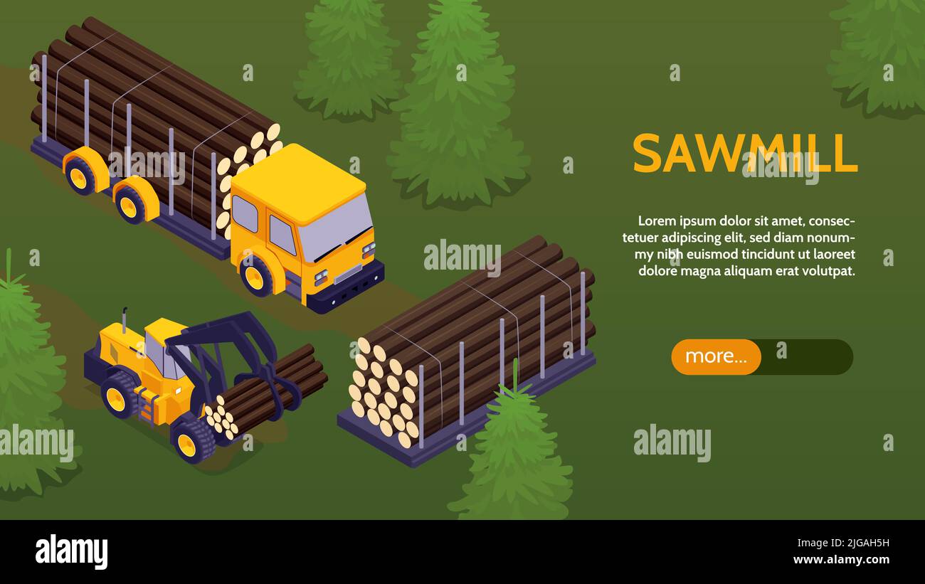 Isometric sawmill lumberjack horizontal banner with text slider more ...