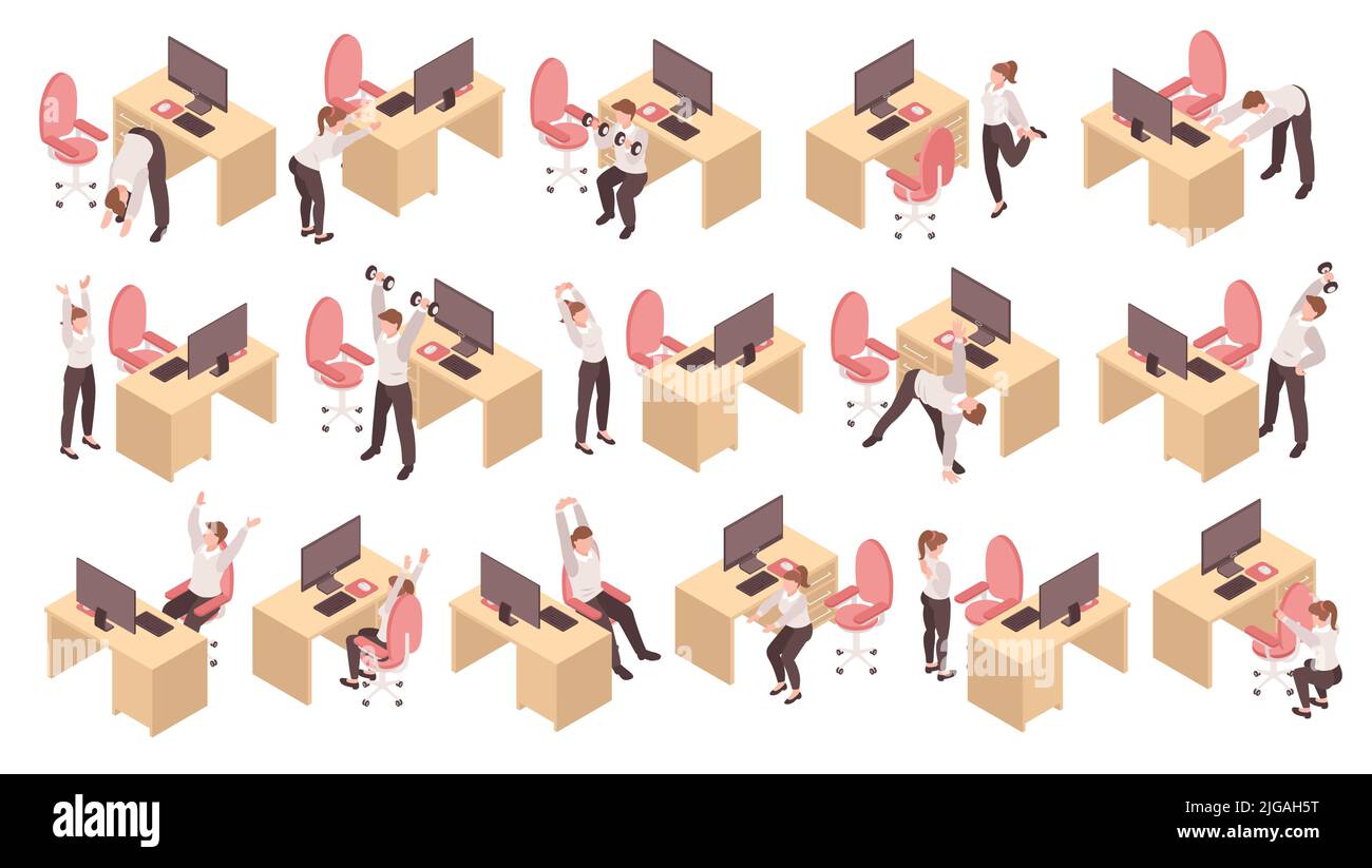 Isometric set of men and women doing sport workout stretching squats at ...