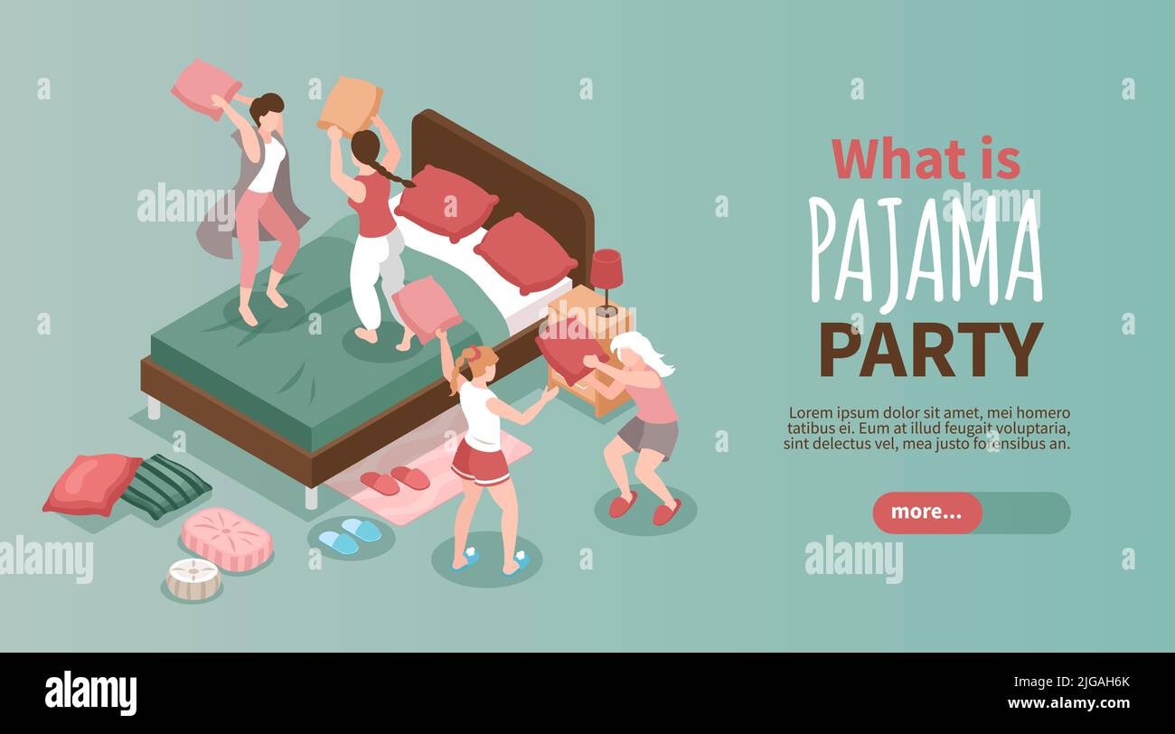 Pajama party horizontal web banner with girls having pillow fight in ...