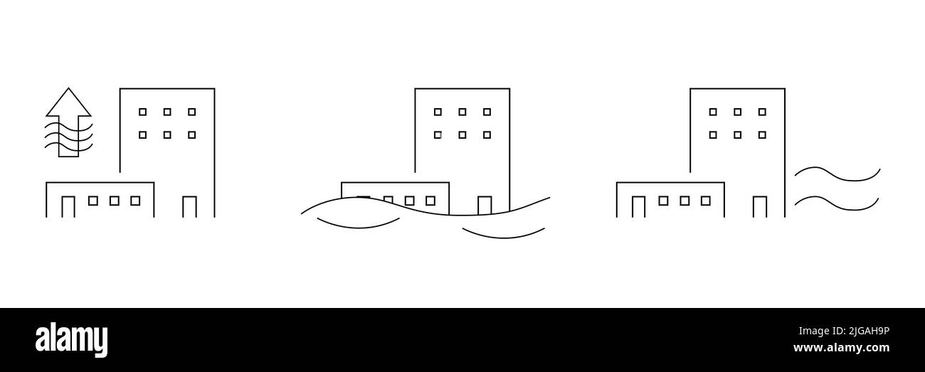 Flooded city icons set. Global problem with rising sea levels Stock ...