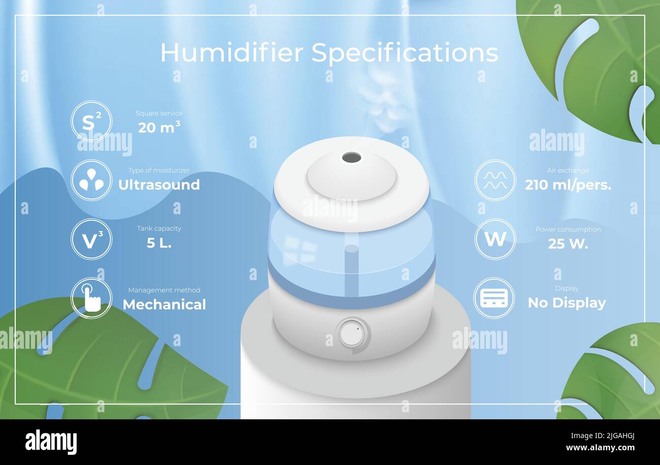Humidifier infographics with realistic image of working air humidifier ...