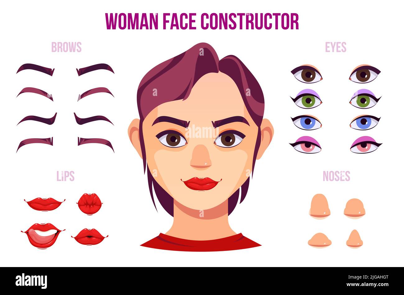 Woman face constructor elements with different colors and forms of ...