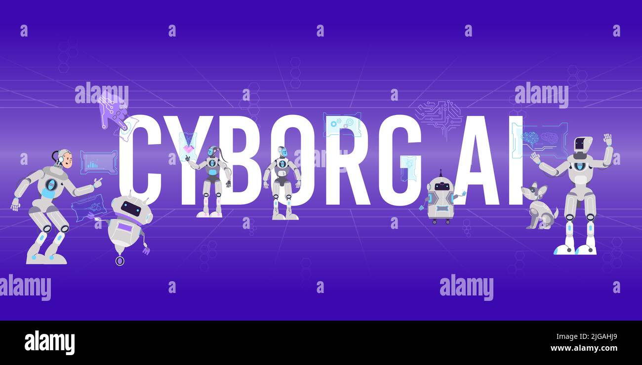 Cyborg ai text flat composition with perspective wireframe view of hi ...