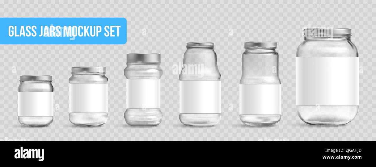 Different empty closed glass jar mockup realistic set on transparent ...