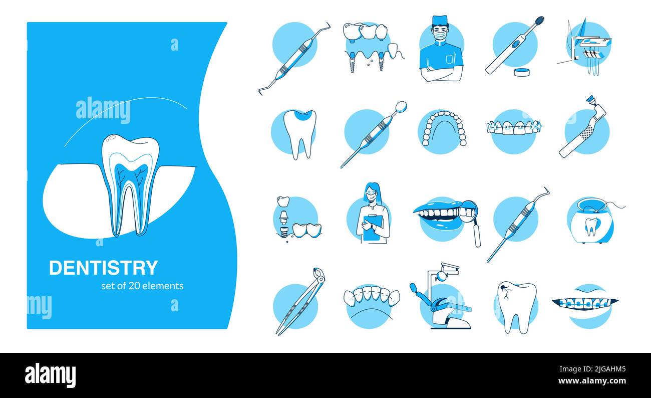 Dentistry set with flat isolated compositions of human mouth teeth with ...