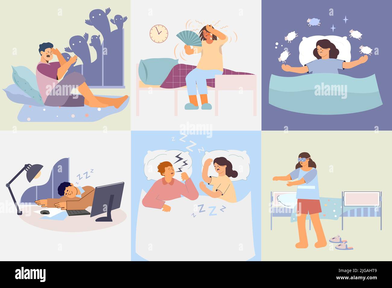Sleeping set of six square compositions with flat cartoon style human ...
