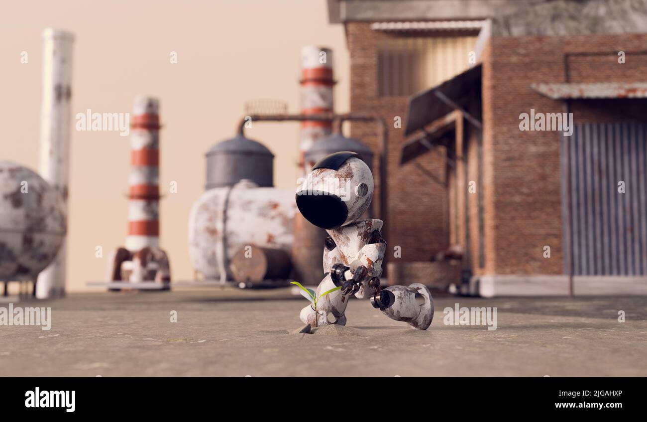 robot planting small tree growing among climate change and air ...