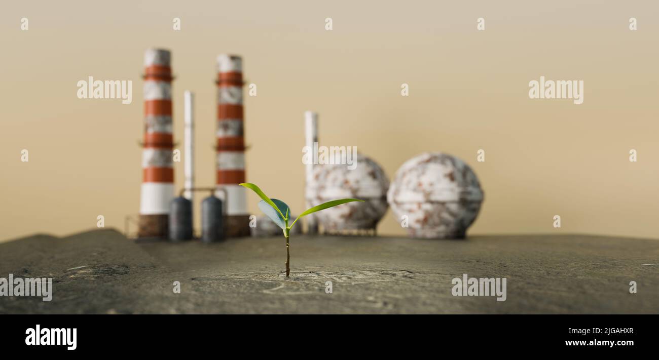 Small tree growing among climate change and air pollution, 3D ...