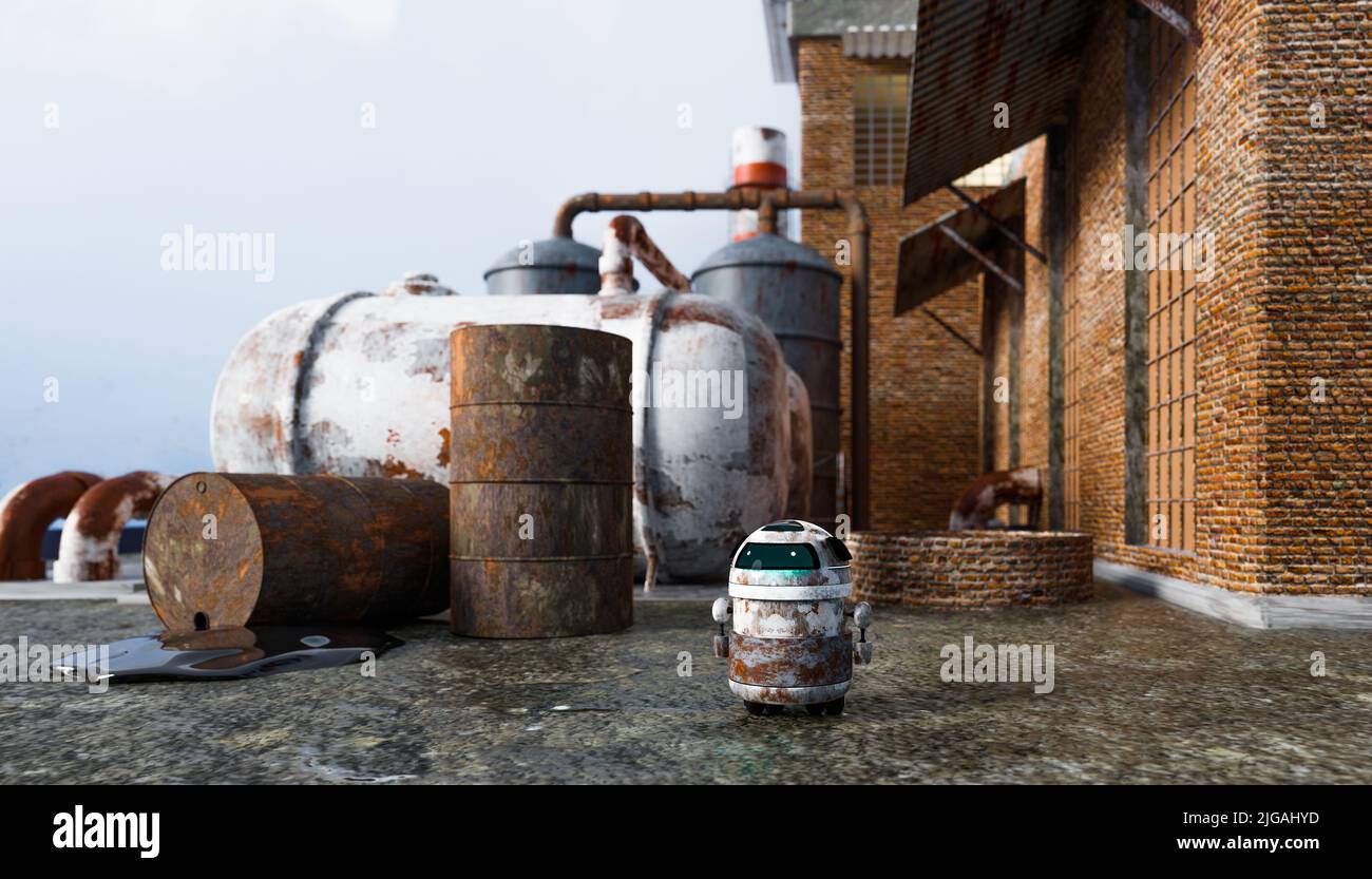 Old and broken robot in old factory after climate change, global ...