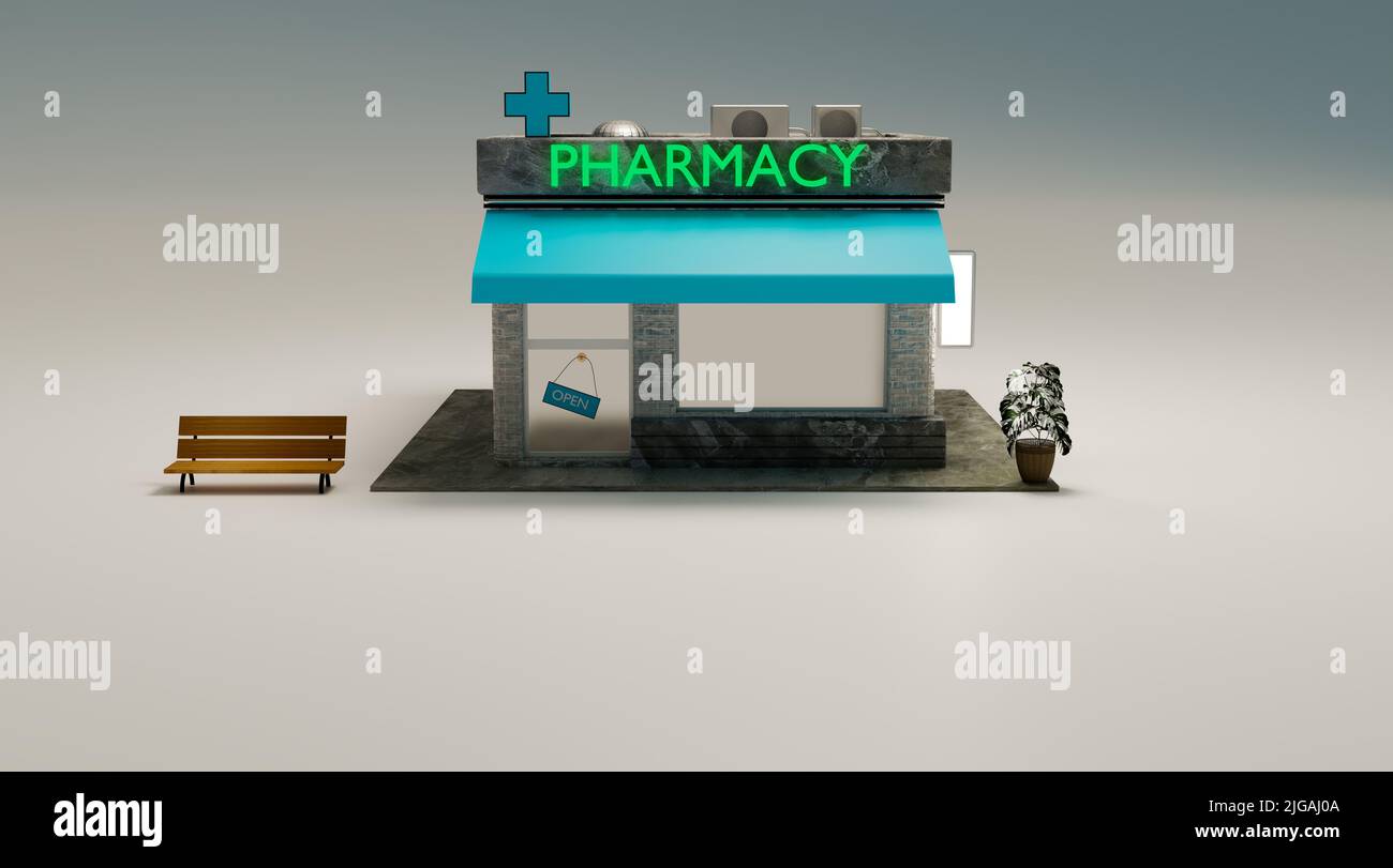 Pharmacy shop mock up design at night scene, 3D illustration rendering ...