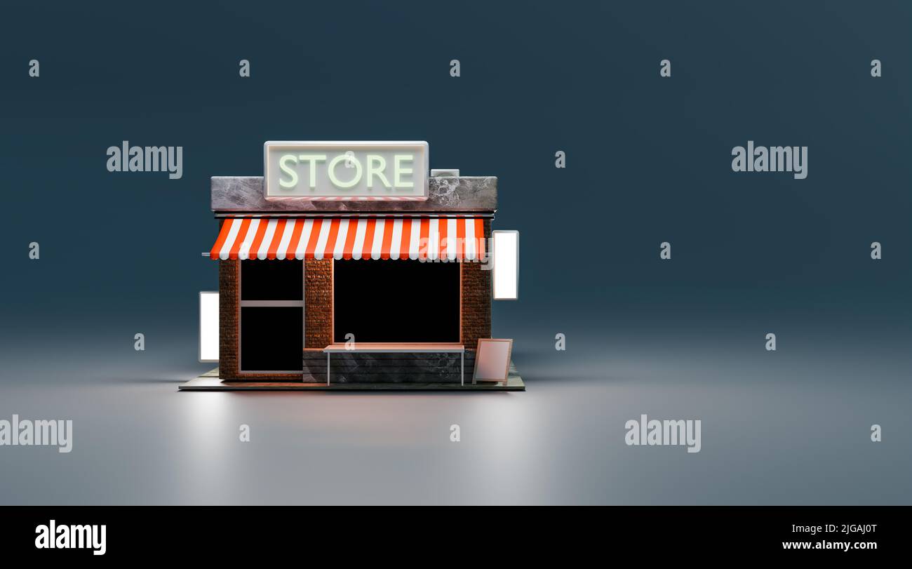 3D Store front design at night scene, 3D illustrations rendering Stock ...