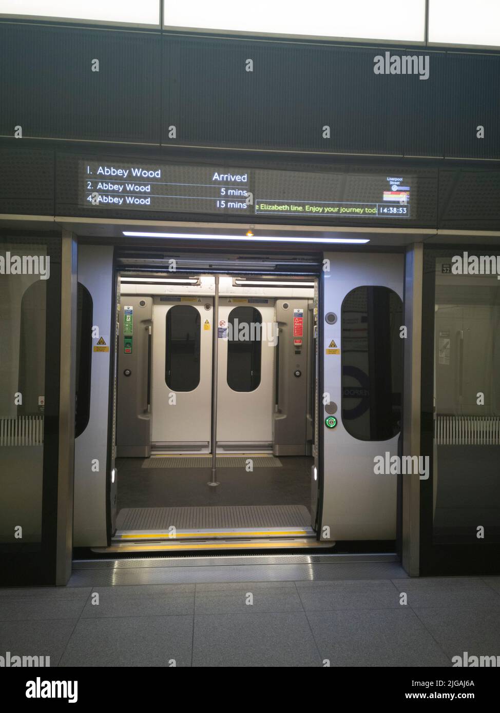 Elizabeth Line, Liverpool St, London, UK, May 2022. Looking into one of ...