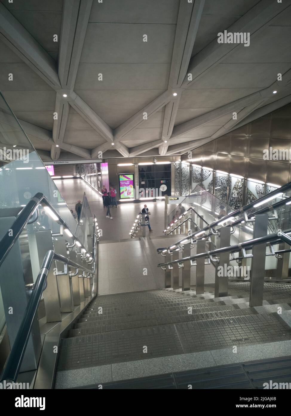 Elizabeth Line, Liverpool St, London, UK, May 2022. Escalators giving ...