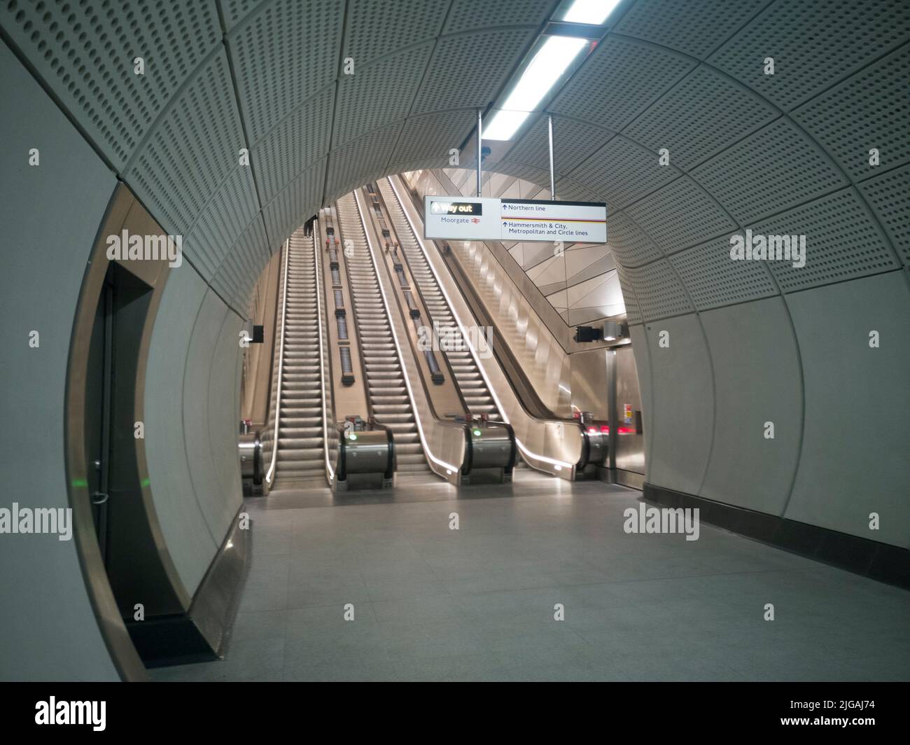 Elizabeth Line, Liverpool St, London, UK, May 2022. Escalators ...