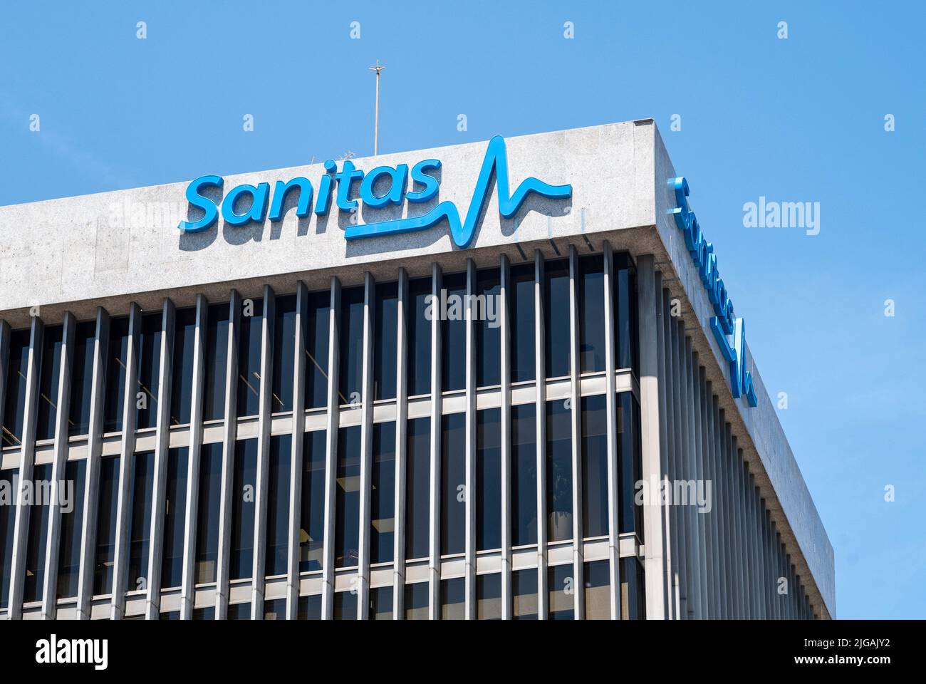 Spain's largest healthcare company Sanitas logo is seen on top of its ...