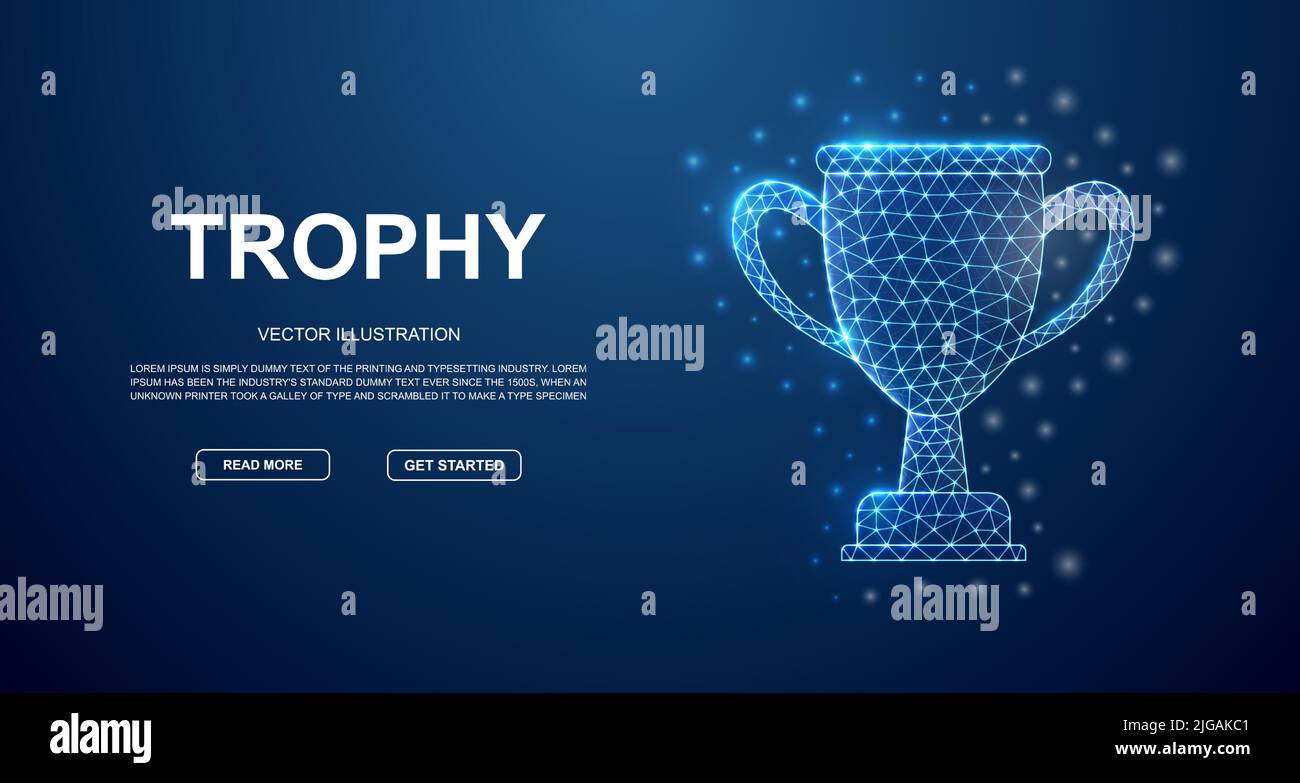 Trophy cup 3d low poly symbol with connected dots for blue landing page template. Champion ...