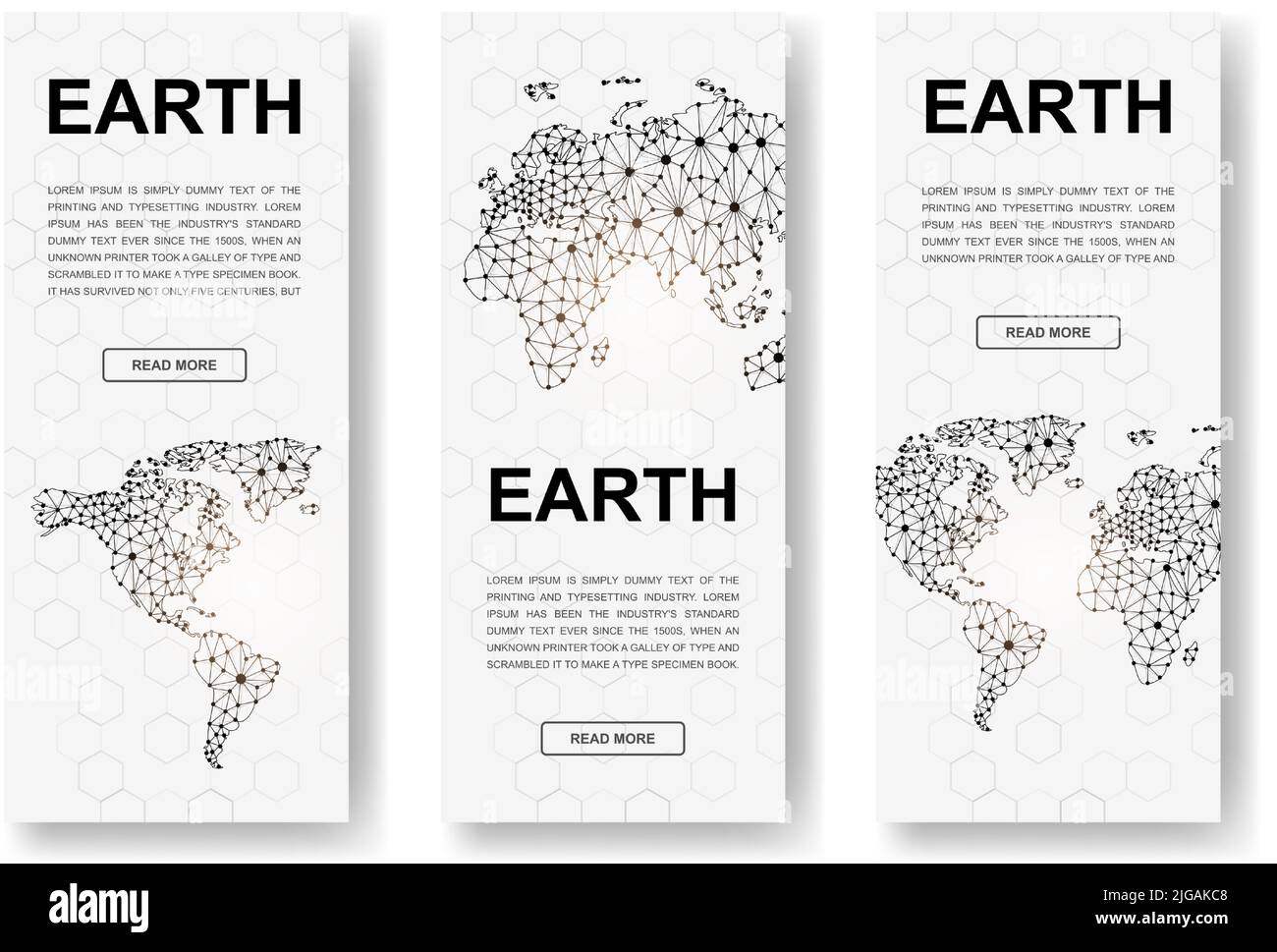 Set of three World Map polygonal vertical banners. 3d Earth planet low ...