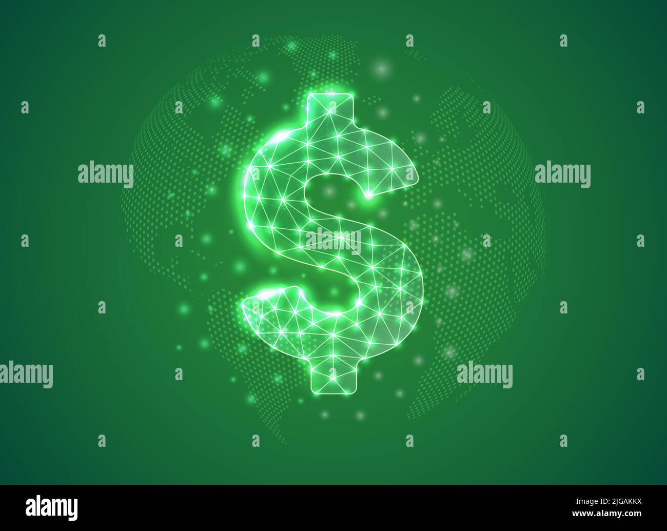 Dollar 3d low poly symbol with green world map background. Money concept design vector ...