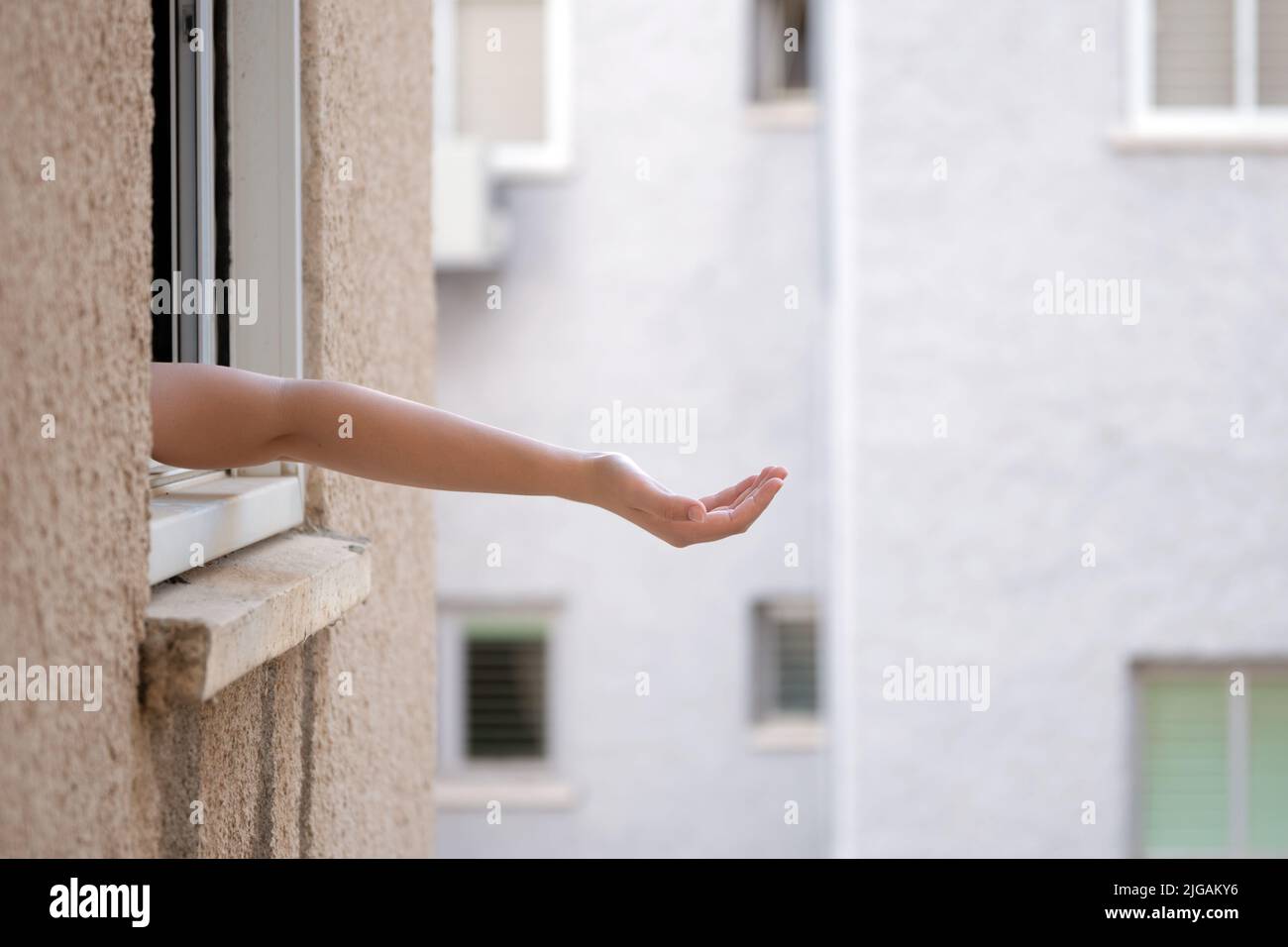 Open hand of a girl in a gesture of asking something leaning out of the ...
