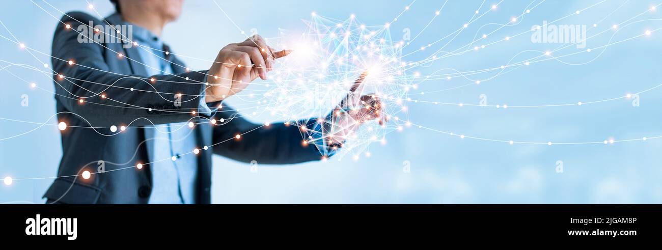 A businessman drawing global structure networking and data exchanges ...