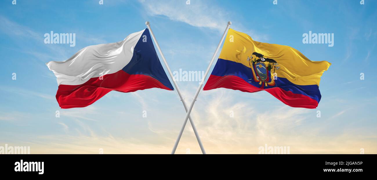 two crossed flags Ecuador and Czech republic waving in wind at cloudy ...