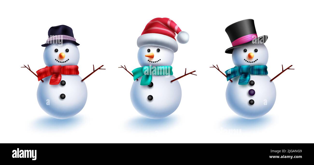 Snowman characters vector set. Christmas snow man 3d character in cute ...