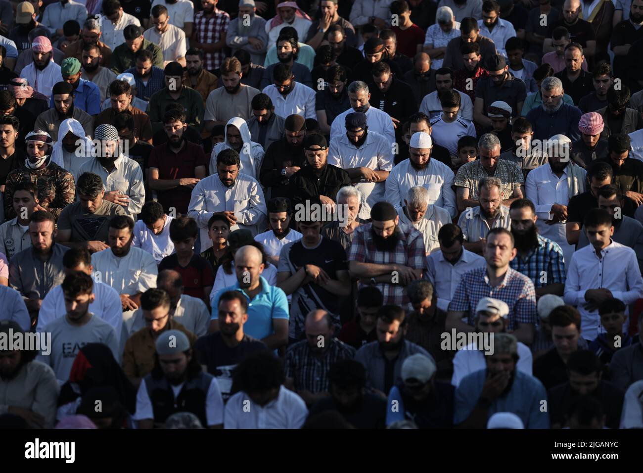 Idlib City, Syria. 09th July, 2022. Syrian Muslims perform Eid al-Adha ...